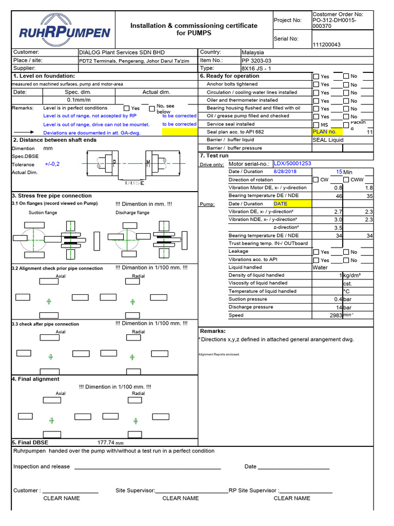 Sample - RP commissioning form (Dialog) | PDF | Pump | Liquids