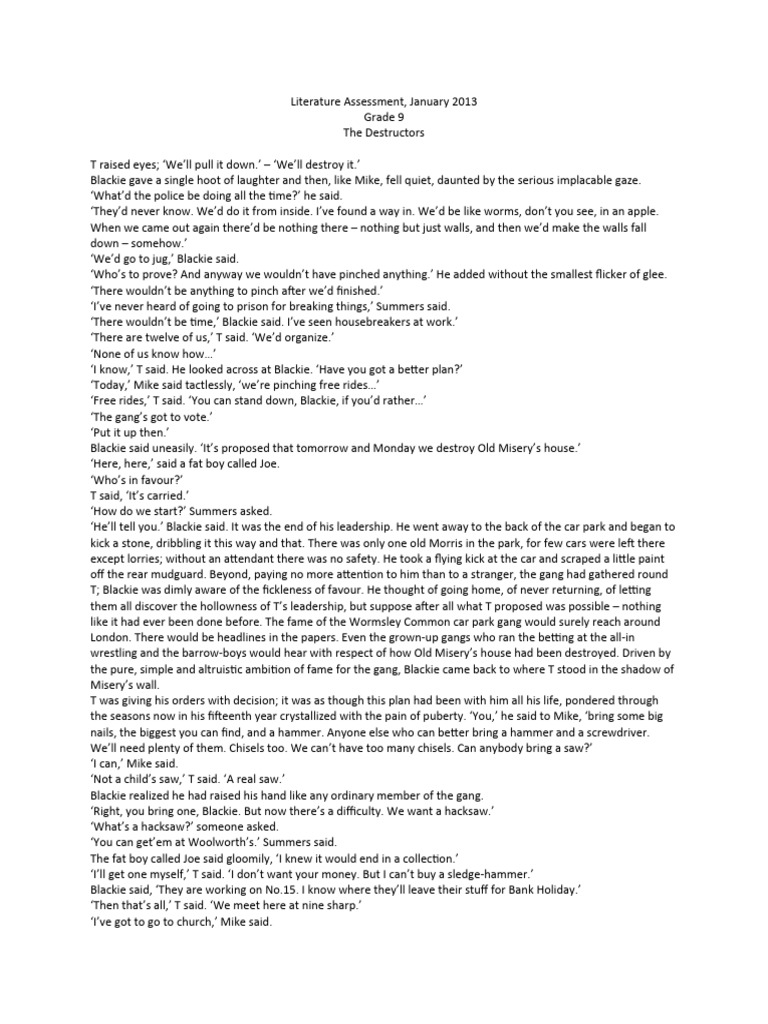 Grade 9 Literature Assessment: The Destructors | PDF