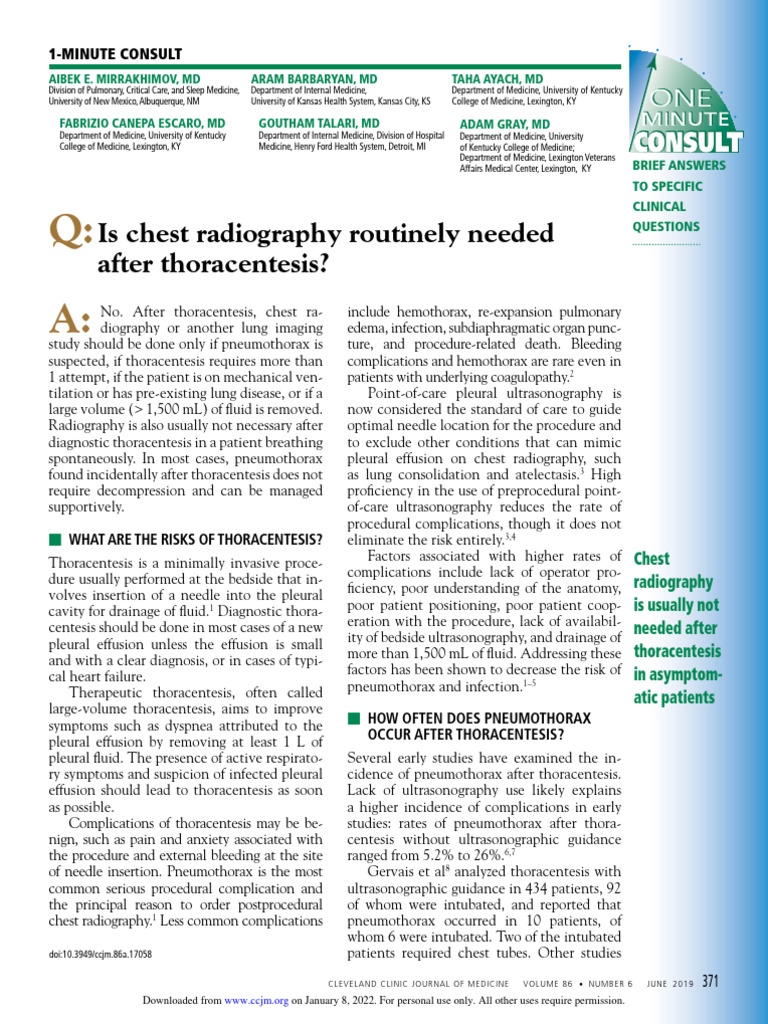 Thoracentesis: Risks and Imaging Guidelines | PDF | Thorax | Medical ...