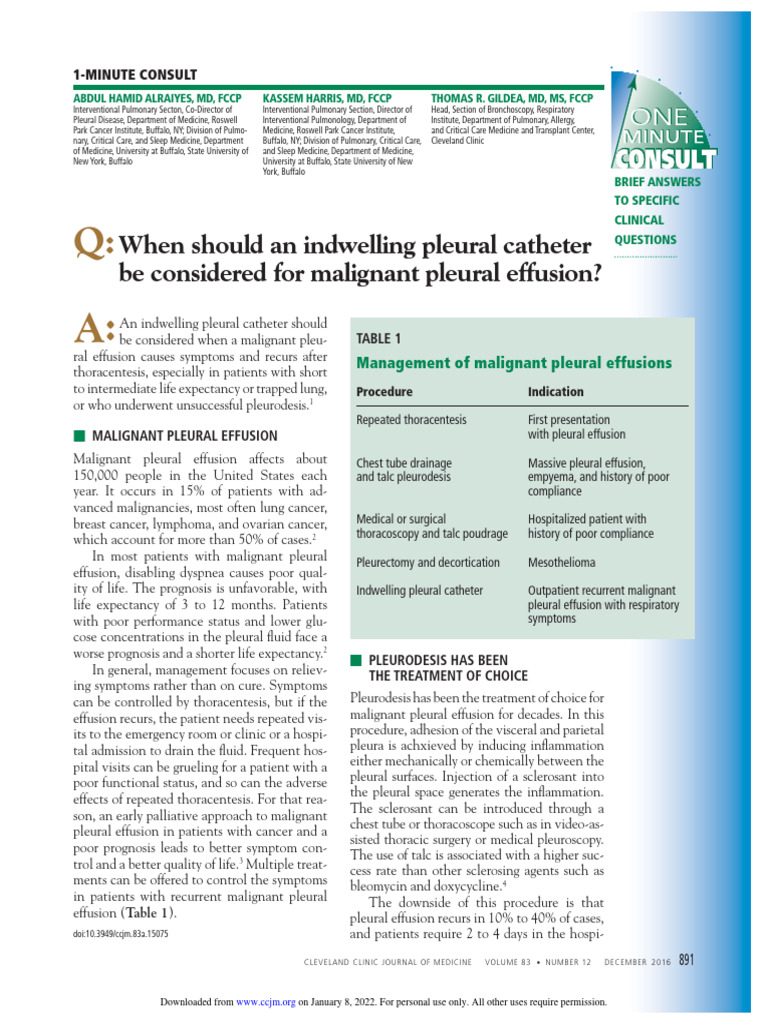 When Should An Indwelling Pleural Catheter Be Considered For Malignant Pleural Effusion | PDF ...