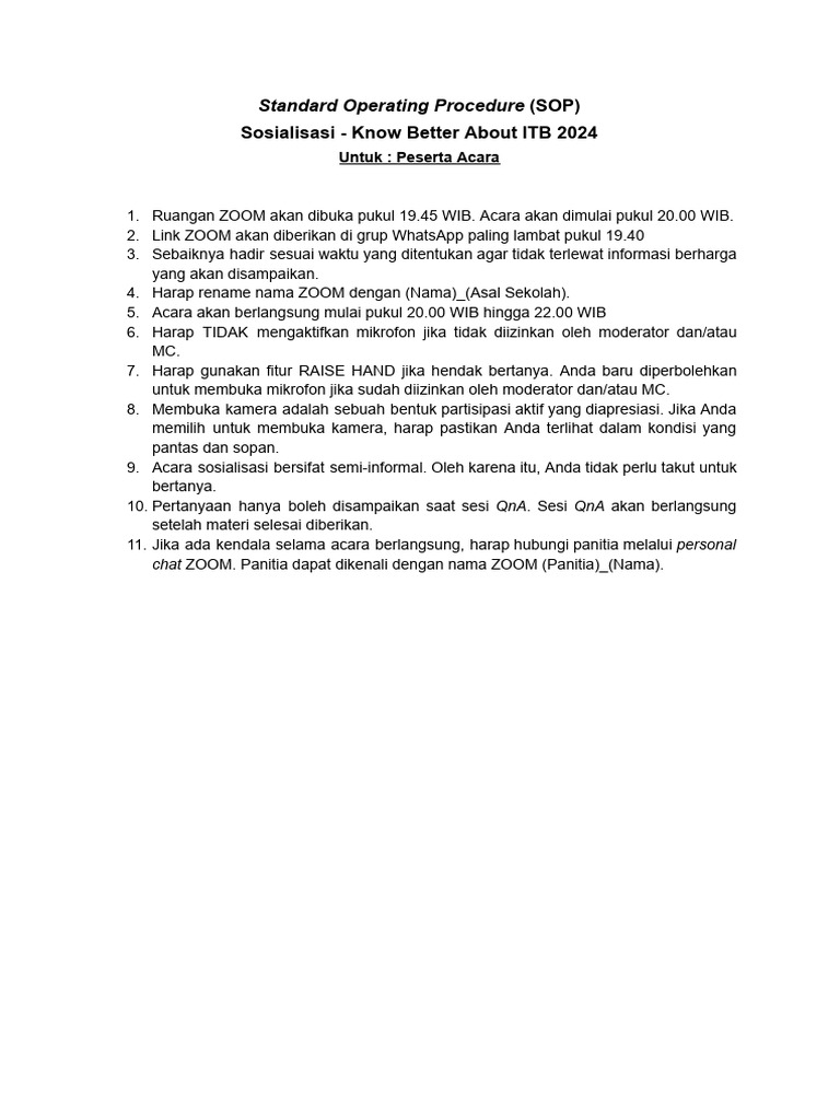 SOP Sosialisasi KBA ITB 2024 | PDF