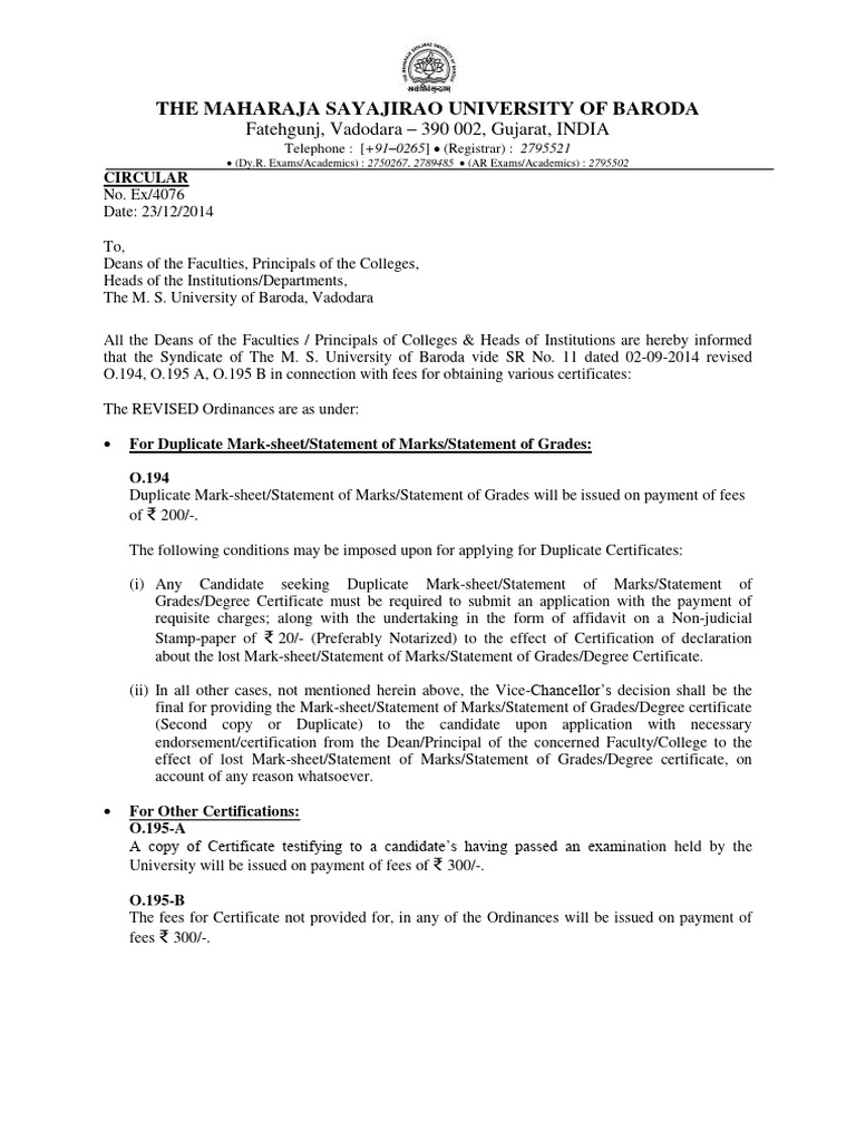 Circular For Fees For Various Certificatation | PDF | Authentication | Diploma