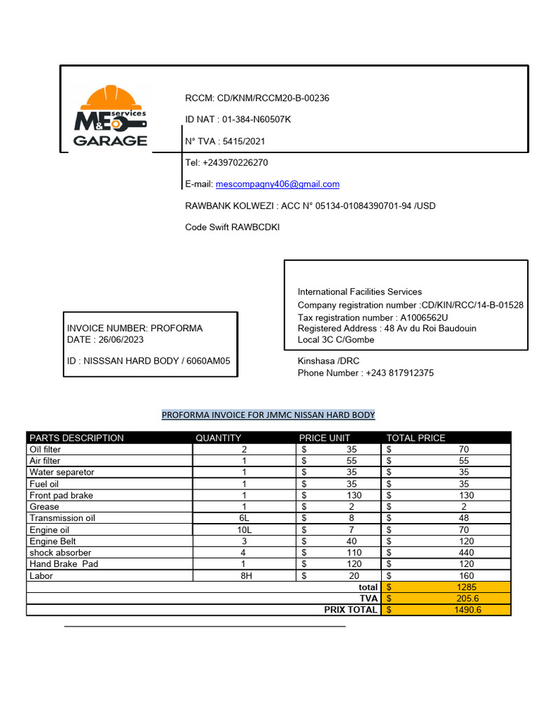 Proforma Invoice for Nissan Parts | PDF