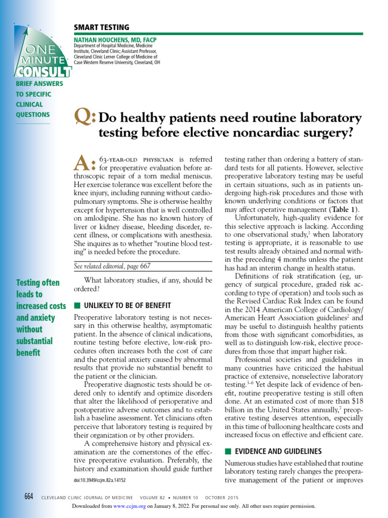 Do Healthy Patients Need Routine Laboratory Testing Before Elective ...