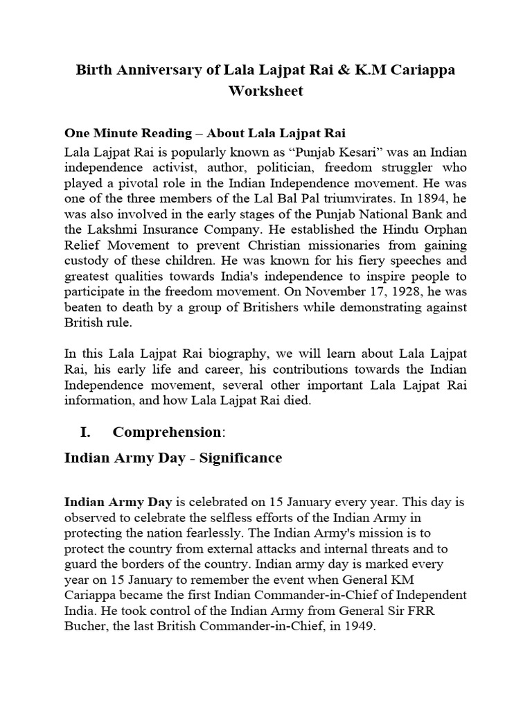 Army Day Worksheet | PDF | British India | Politics Of India