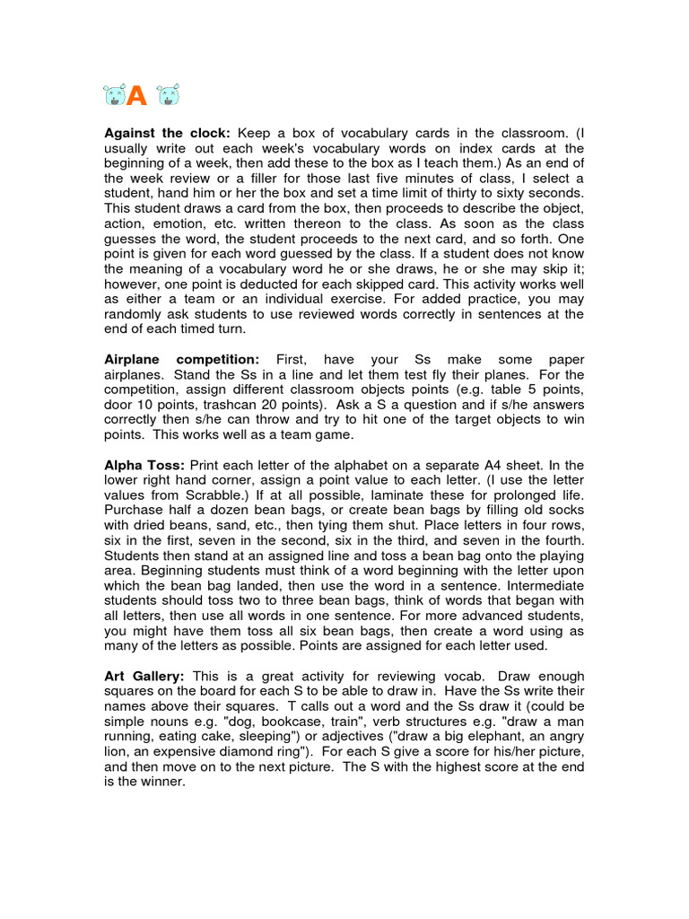 Classroom Games Activities Pdf Question Classroom