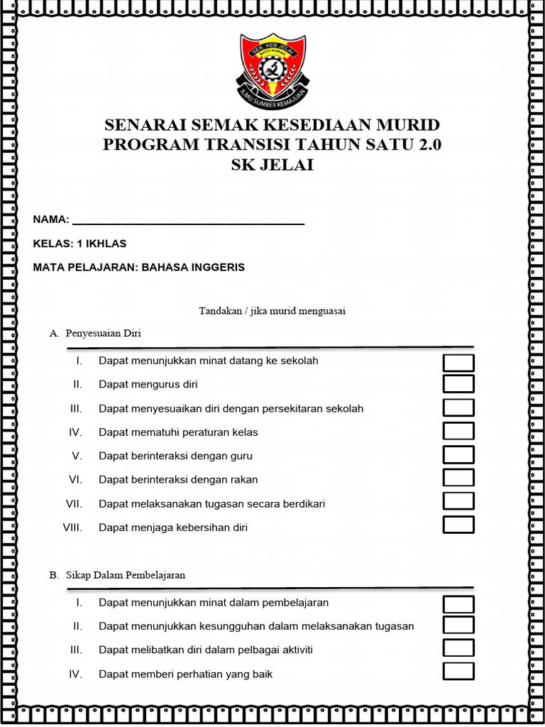 Senarai Semak Kesediaan Murid Program Transisi Tahun 1 | PDF