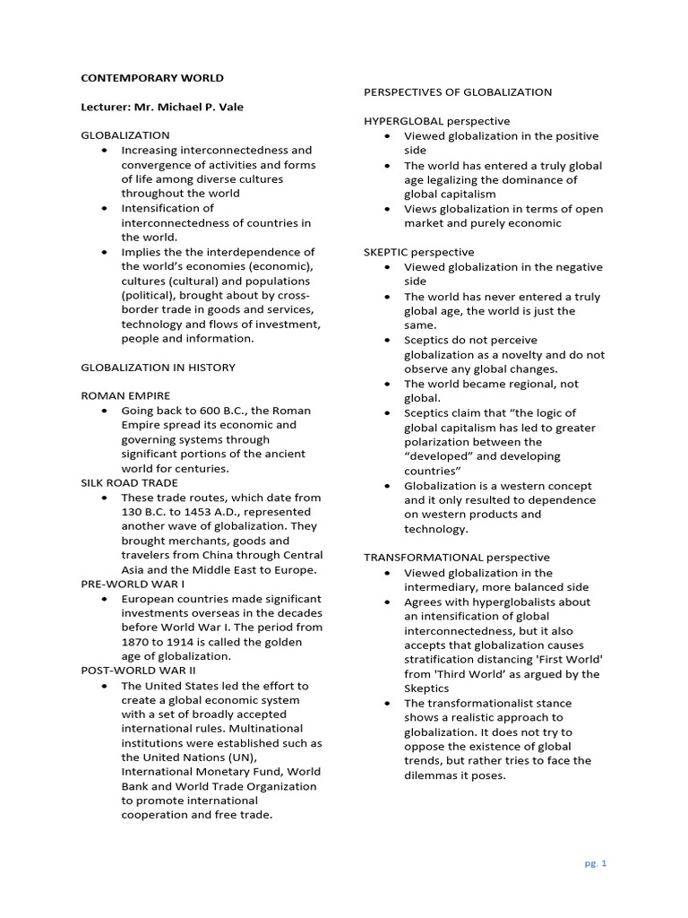 Lecture Notes in COntemporary World | PDF | Globalization | Neoliberalism