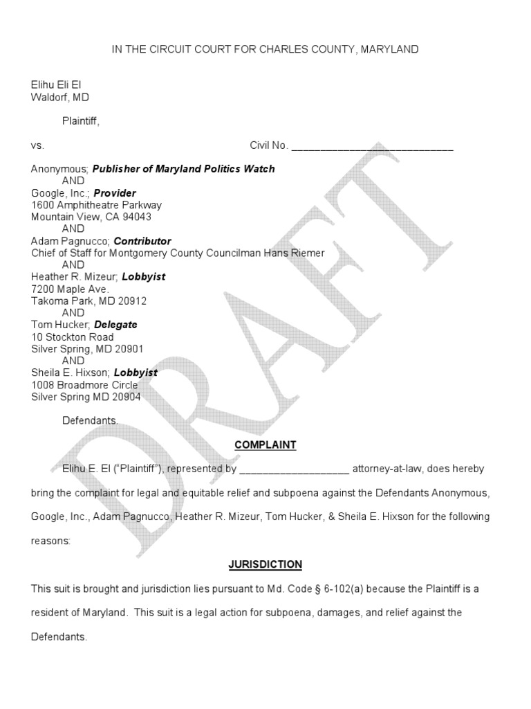 Draft Legal Complaint: Eli El vs. Adam Pagnucco, Sheila Hixson, Tom ...