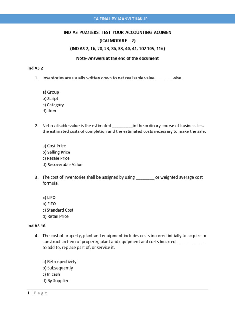 FR MCQs- Ind AS Puzzlers- Module 2 | PDF | Depreciation | Accounting