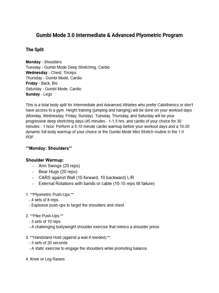 Gumbi Mode 3.0 Plyometric Program | PDF | Strength Training | Physical ...