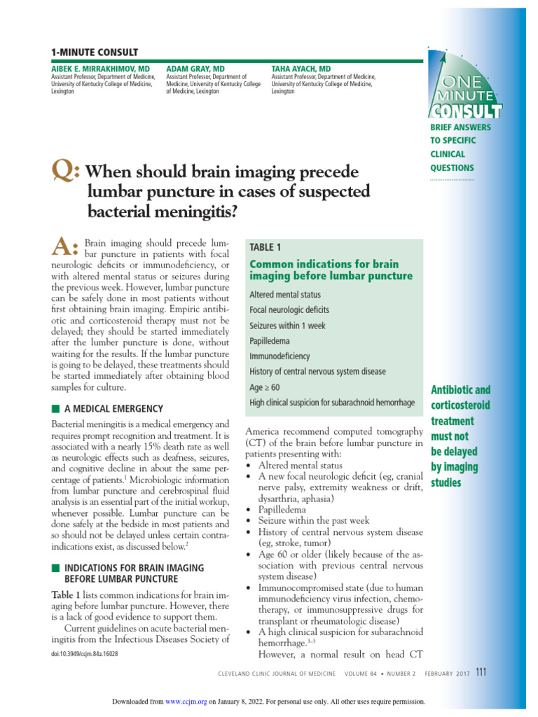 When Should Brain Imaging Precede Lumbar Puncture in Cases of Suspected ...