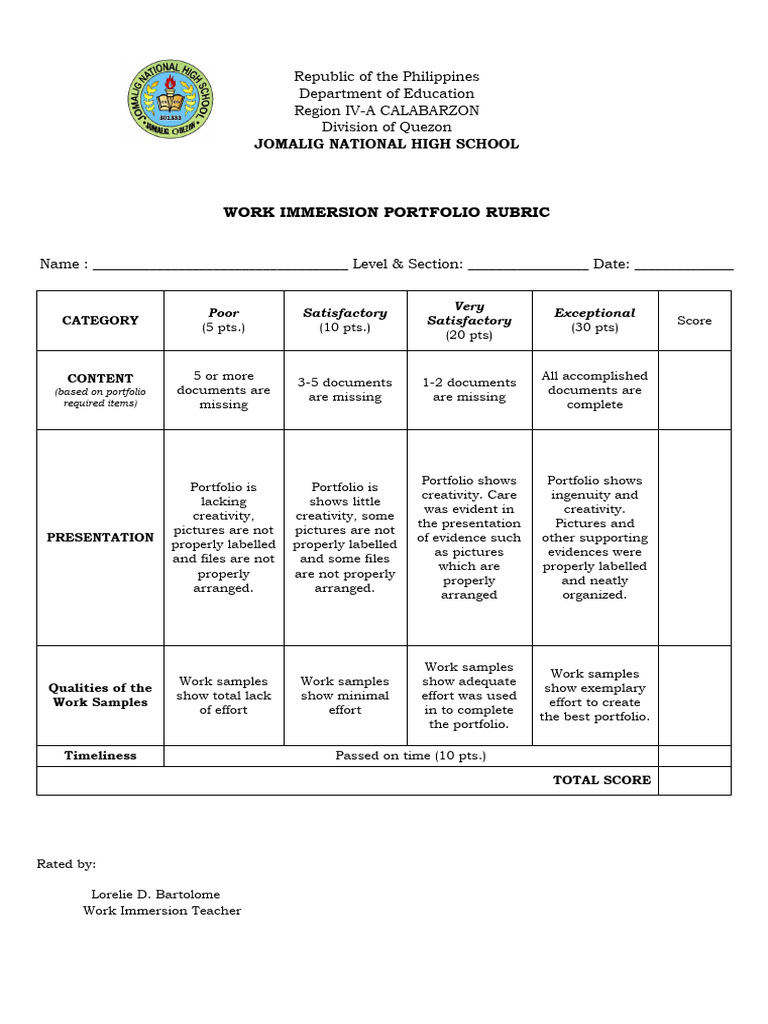 WORK IMMERSION PORTFOLIO RUBRIC | PDF | Evaluation | Educational Assessment And Evaluation