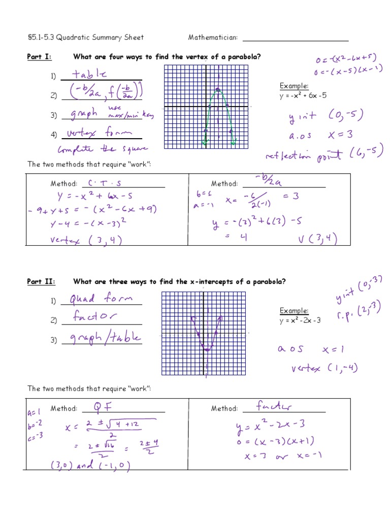 Quadratic Functions: Vertex and X-Intercepts Guide | PDF | Science ...