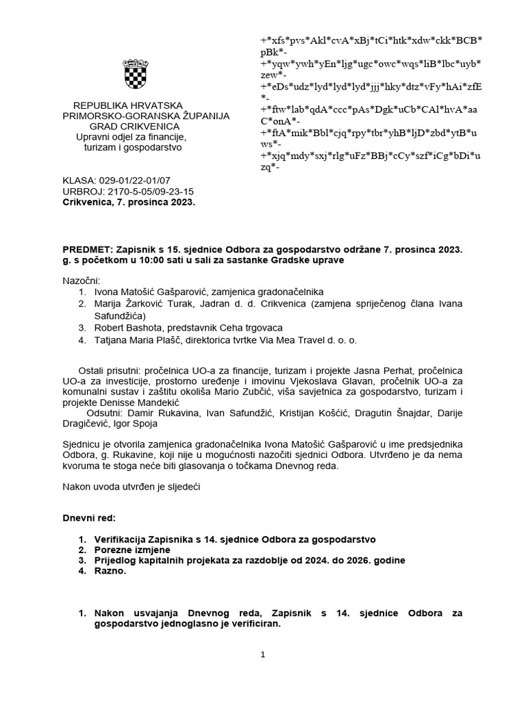 Zapisnik S 15. Sjednice Odbora Za Gospodarstvo Odrzane 7. Prosinca 2023 ...