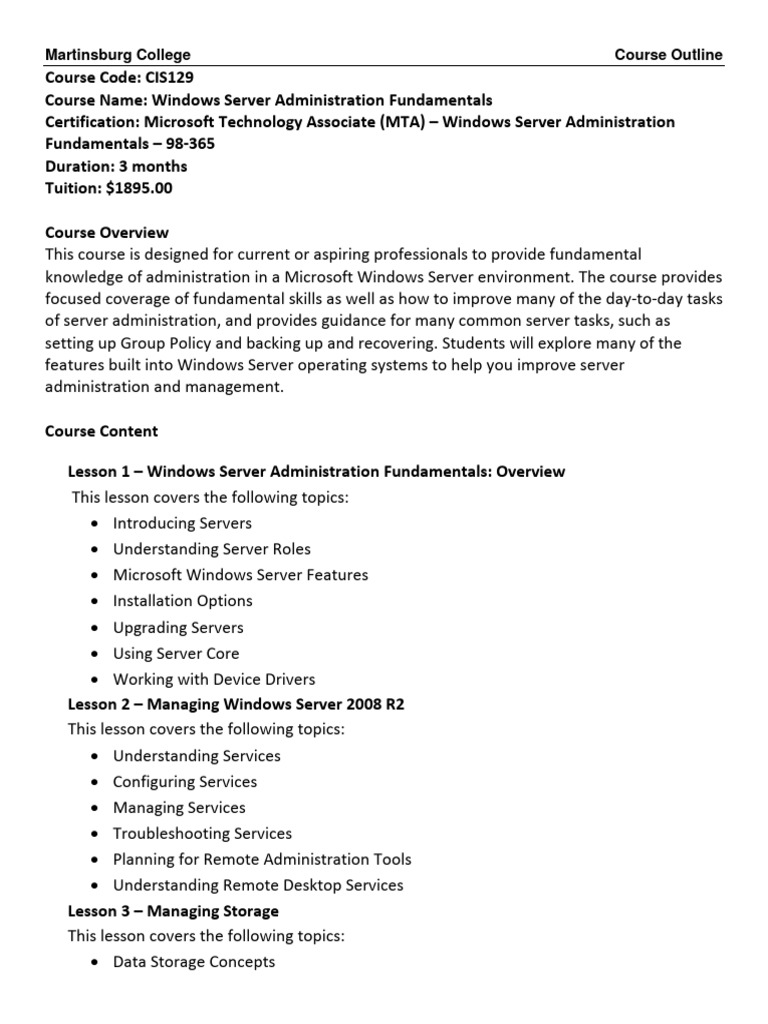 Windows Server Administration Fundamentals Course Outline Pdf Active Directory Group Policy