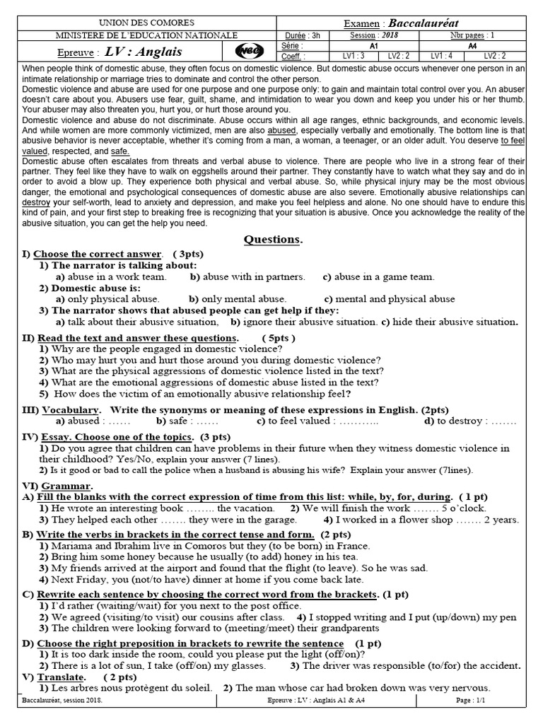 Suj CorrLV-AnglaisA1A4 Bac2018 Tirés | PDF | Domestic Violence | Psychological Abuse