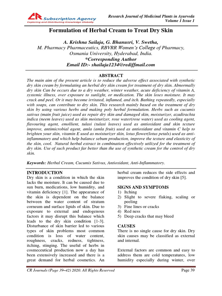 Herbal Cream Formulation for Dry Skin | PDF | Pharmaceutical ...