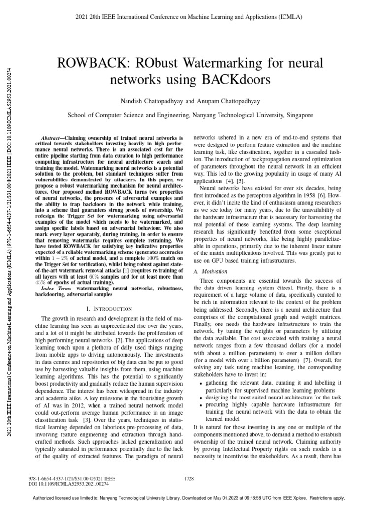 ROWBACK Robust Watermarking For Neural | Download Free PDF | Artificial ...