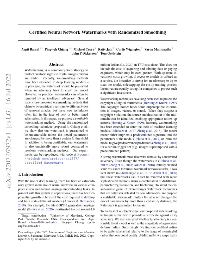 Certified Neural Network Watermarks With Randomized Smoothing Pdf Artificial Neural Network