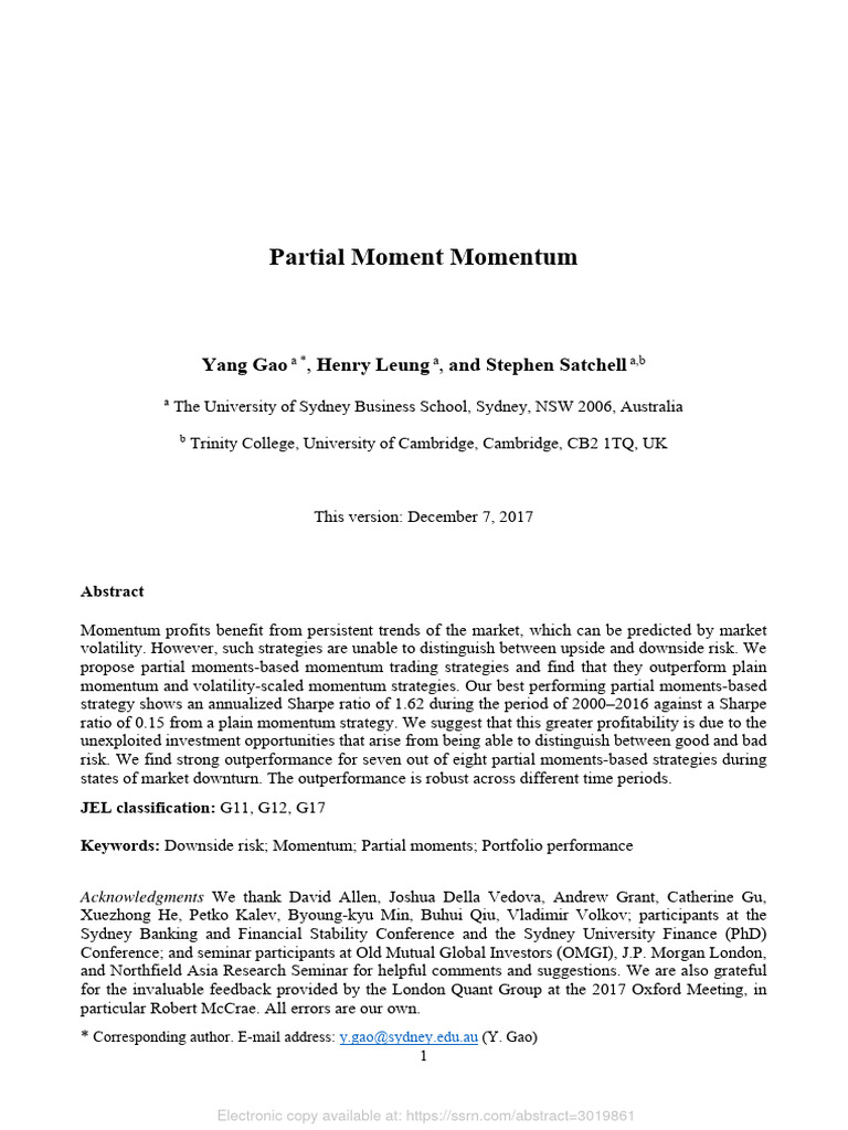 Satchell - Partial Moment Momentum | PDF | Sharpe Ratio | Investing