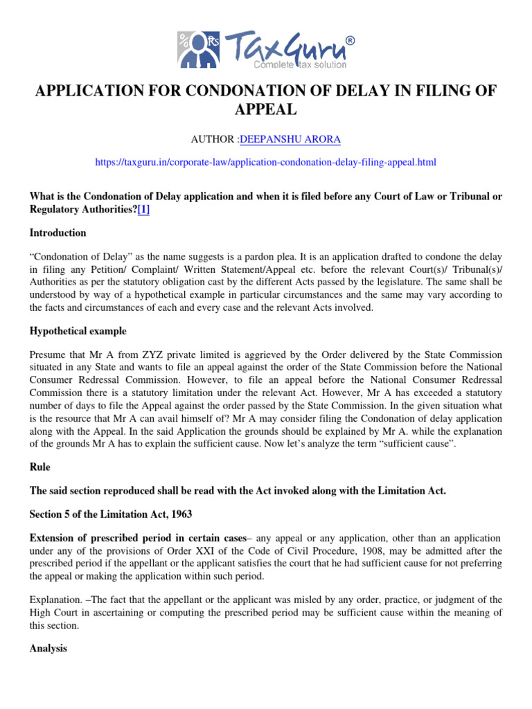 Application For Condonation of Delay in Filing of Appeal - Taxguru - in | PDF | Judgment (Law ...