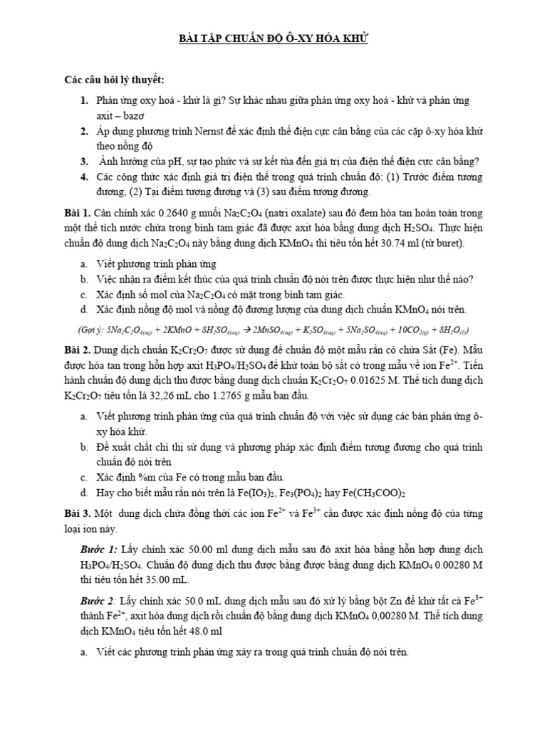Bài tập Chương 9-Chuan do o-xy hoa khu | PDF