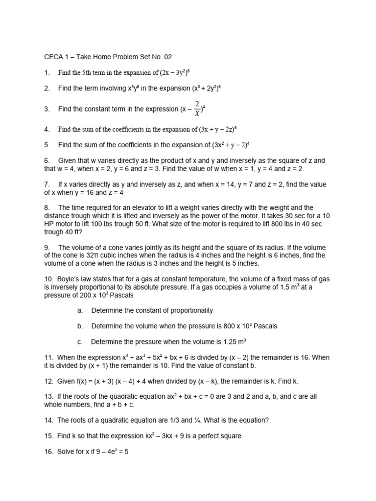 Ceca 1 Take Home Problem Set No 02 Pdf Mathematics Mathematical Objects