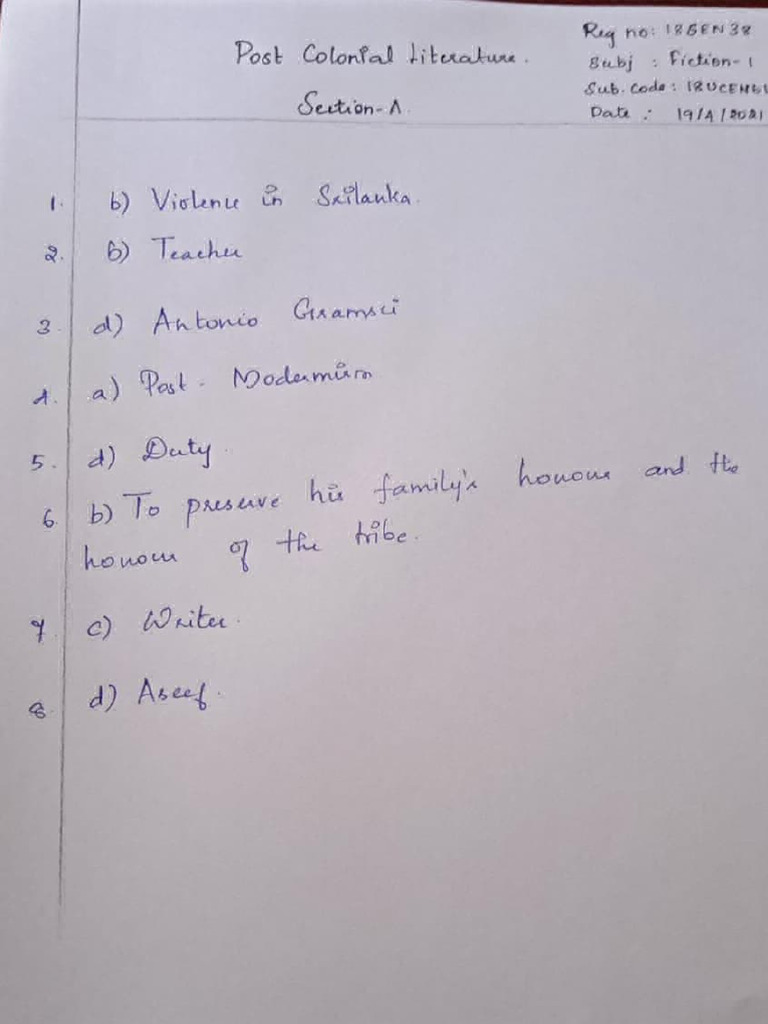 18SEN38 - Post Colonial Literature 3rd Internal | PDF