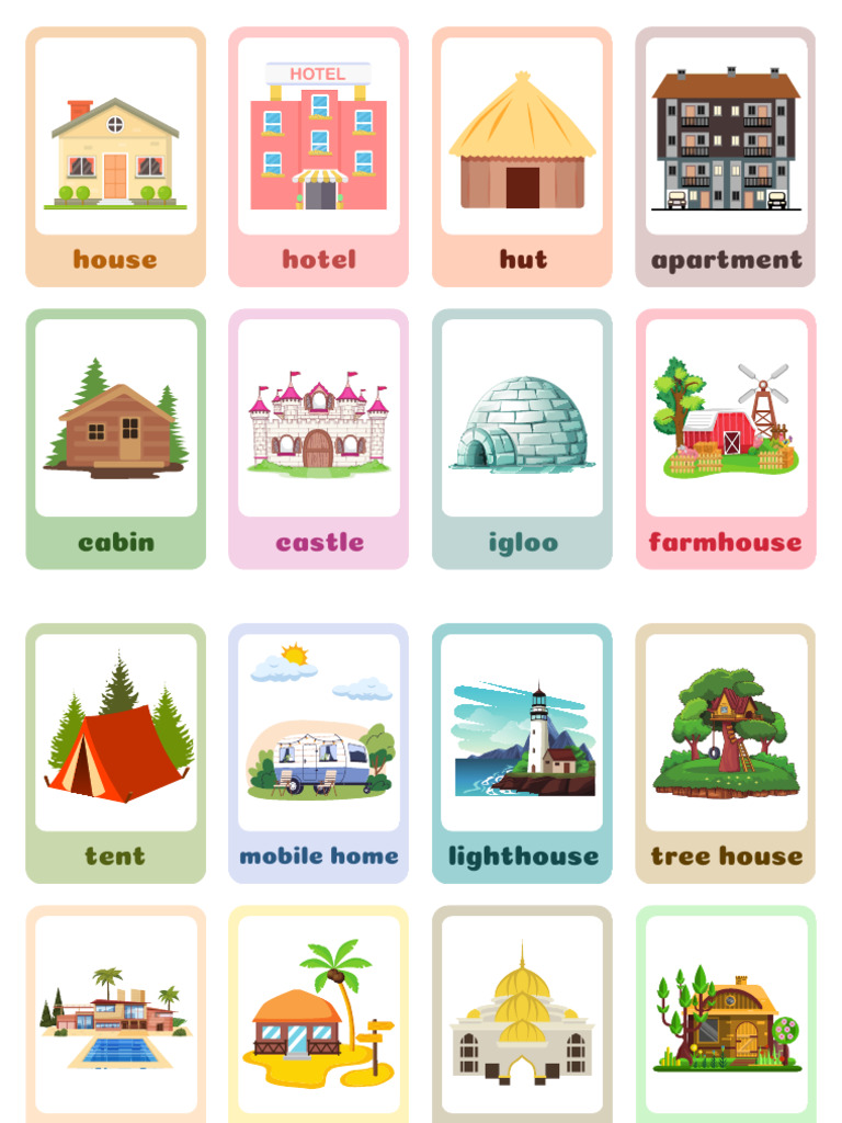 Colorful Illustrative Types of Houses Flashcard | PDF