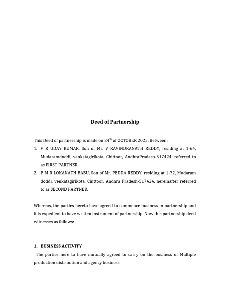 Partnership Deed for Sri Lakshmi Traders | PDF | Partnership | Balance ...