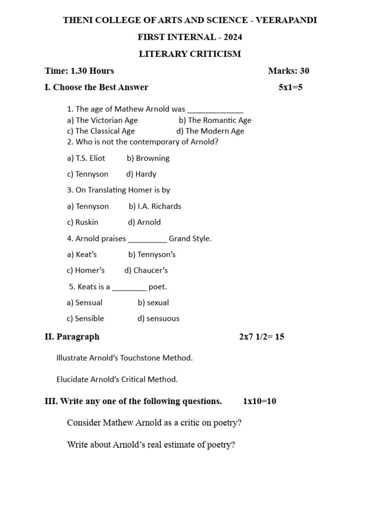 Consider Mathew Arnold As A Critic On Poetry? Write About Arnold's Real ...