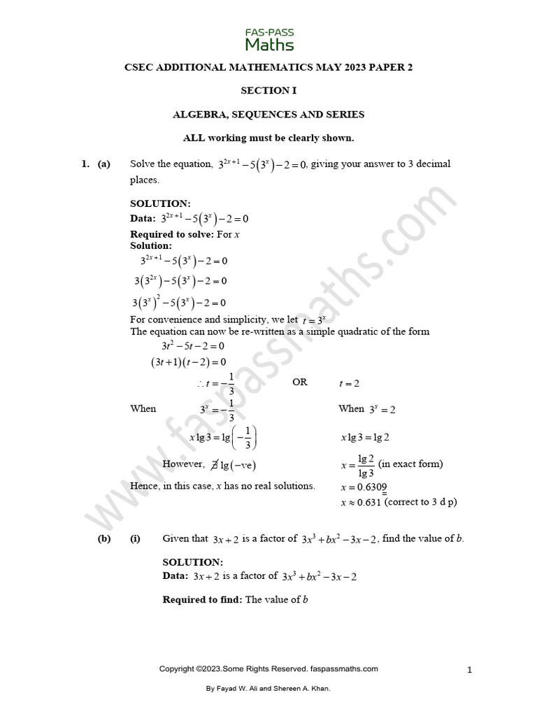 CSEC Add Maths 2023 June Past Paper Solutions | PDF | Factorization ... CSEC Add Maths 2023 June Past Paper Solutions | PDF | Factorization ...