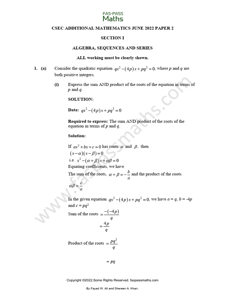 CSEC Add Maths 2022 June Past Paper Solutions | PDF | Equations | Zero ...