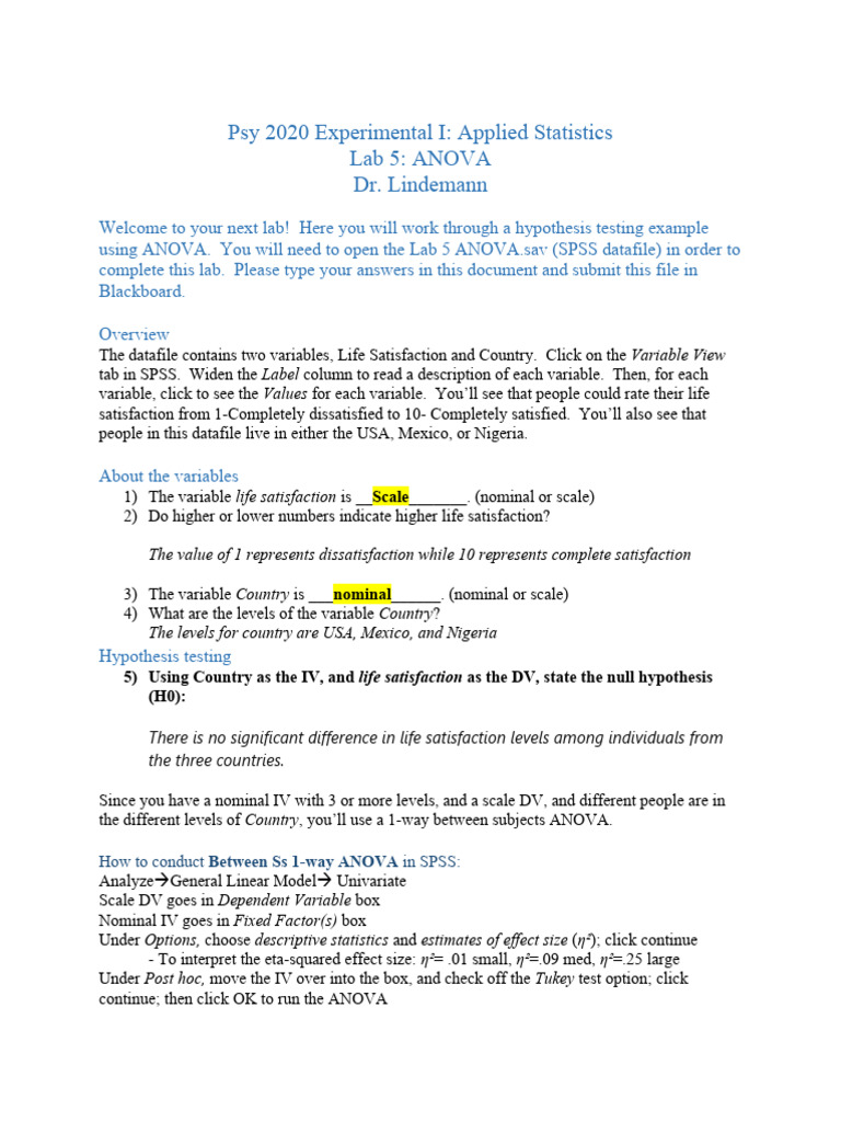 Lab 5 ANOVA - BJ-Jean | PDF | Effect Size | Analysis Of Variance