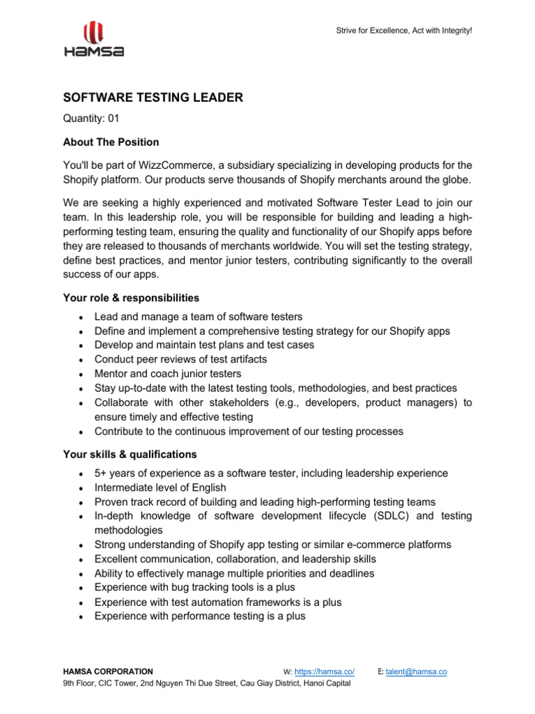 JD Test Leader | PDF | Software Testing | Software Development Process