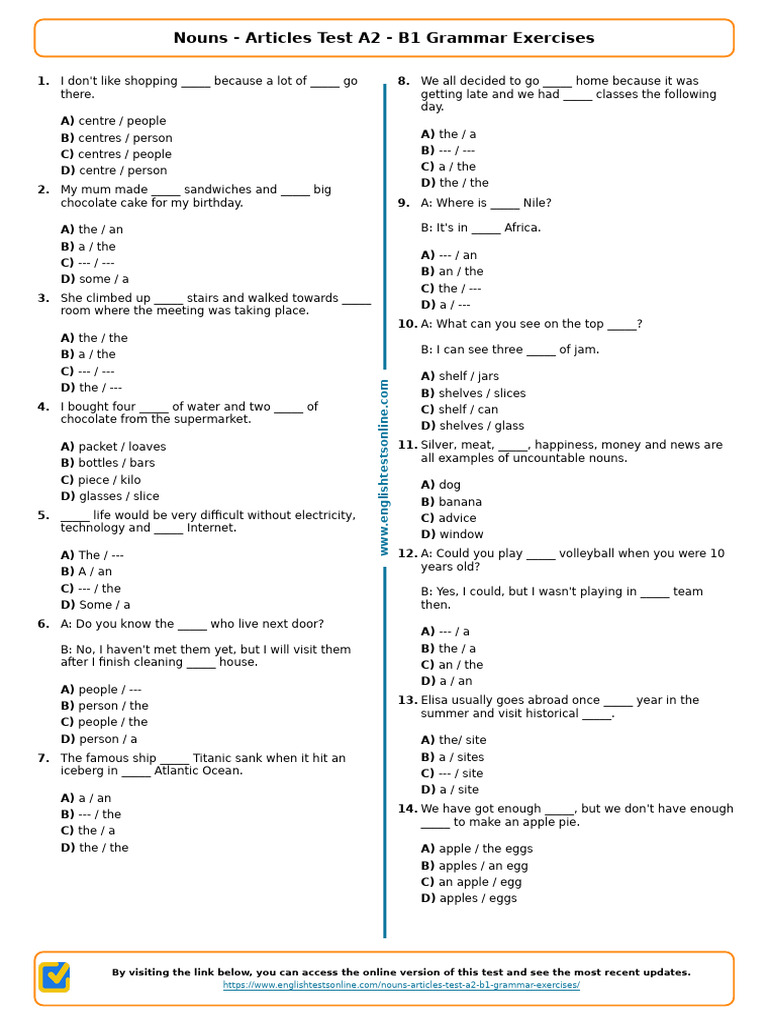 Nouns Articles Test A2 b1 Grammar Exercises | PDF