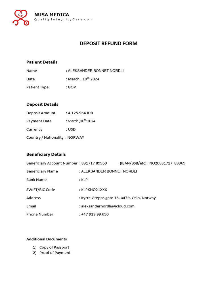 Deposit Refund Form ALEKSANDER BONNET NORDLI (2) | PDF