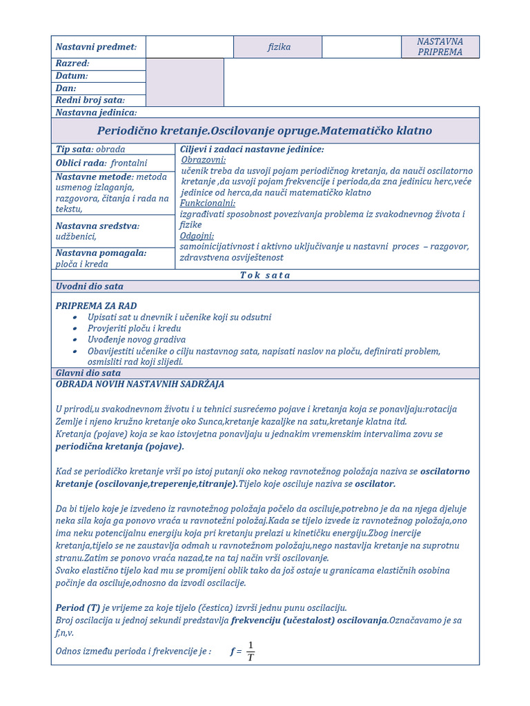 Periodično Kretanje - Oscilovanje Opruge - Matematičko Klatno | PDF