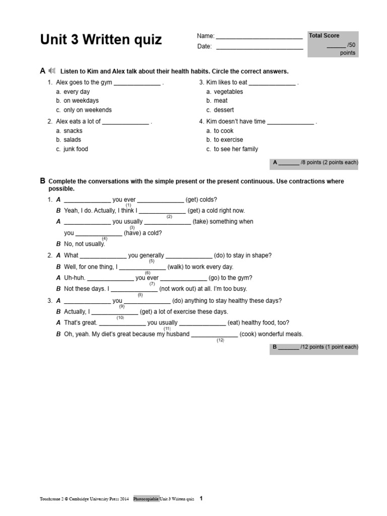 Unit 3 Written Quiz: Listen To Kim and Alex Talk About Their Health Habits. Circle The Correct ...