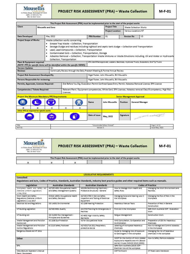 Epl227 Waste Collection Project Risk Assessment | PDF | Occupational ...