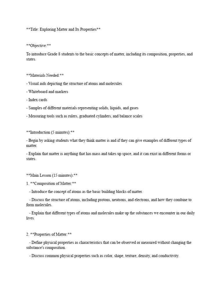 Matter Properties for Grade 8 Students | PDF | Matter | Atoms