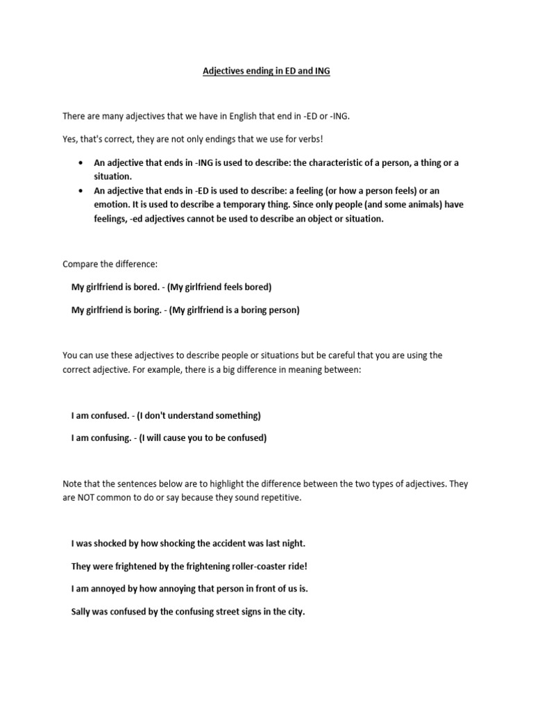 Adjectives Ending in ED and ING | PDF