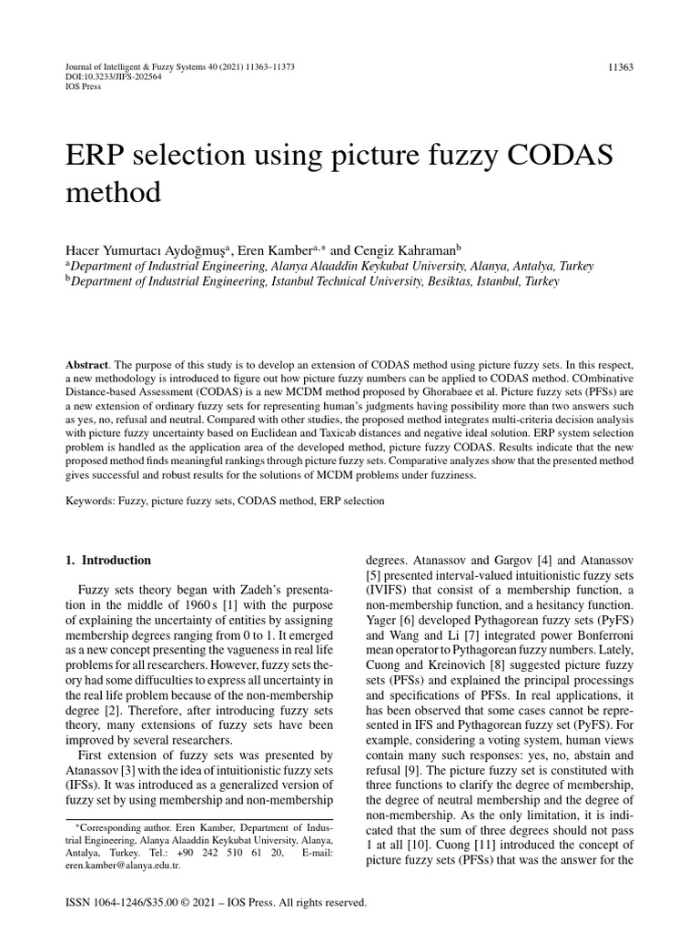 Picture Fuzzy CODAS for ERP Selection | PDF | Fuzzy Logic | Enterprise Resource Planning