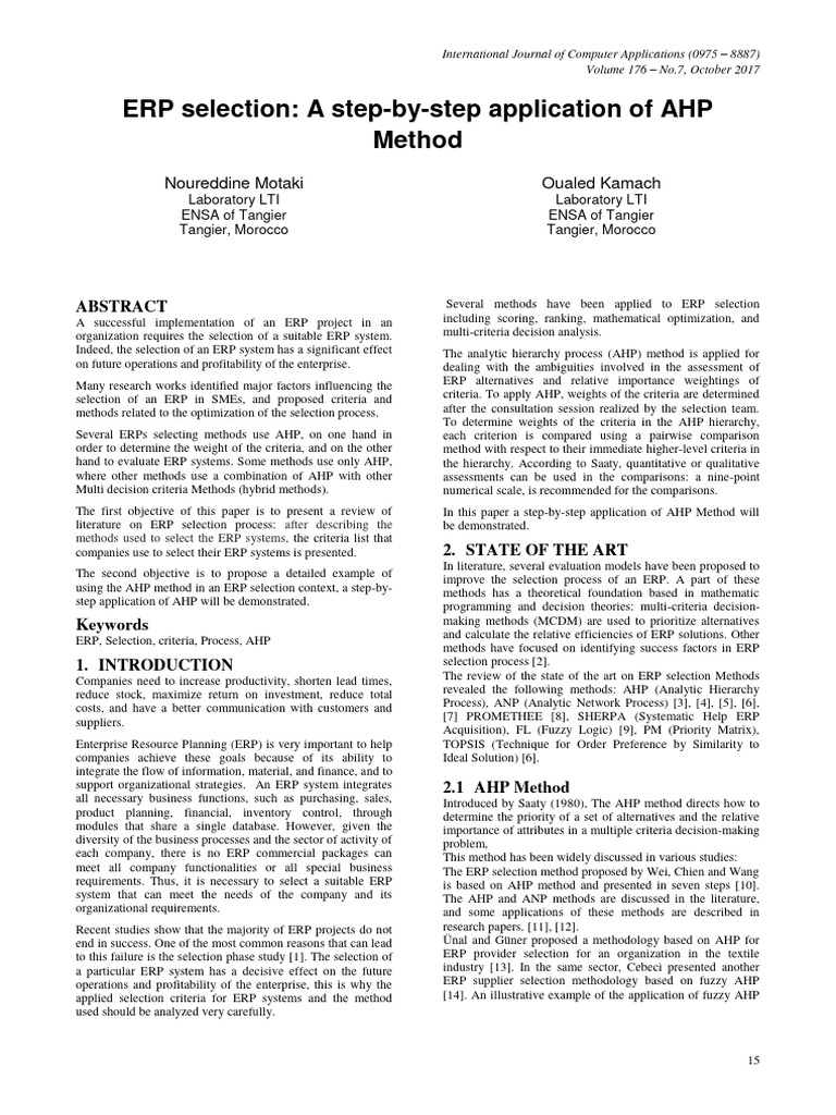 ERP Selection - A Step-By-Step Application of AHP Method | PDF ...