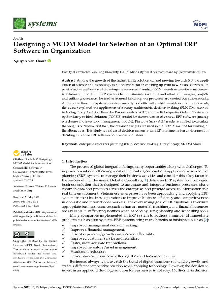 Designing A MCDM Model For Selection of An Optimal ERP | PDF | Enterprise Resource Planning ...