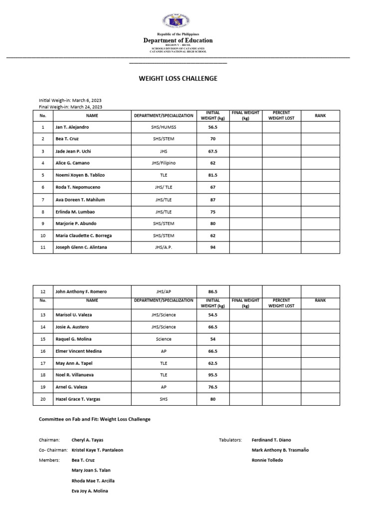 Registration For Weight Loss Challenge | PDF