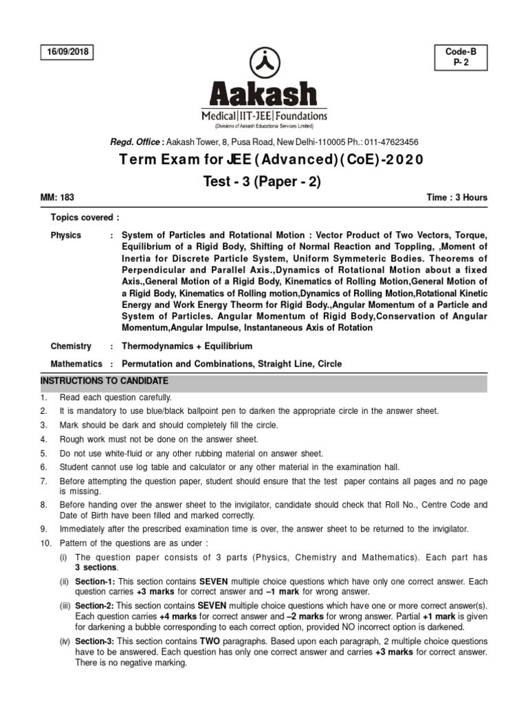JEE Advanced 2020 Term Exam Paper 2 | PDF | Rotation Around A Fixed ...