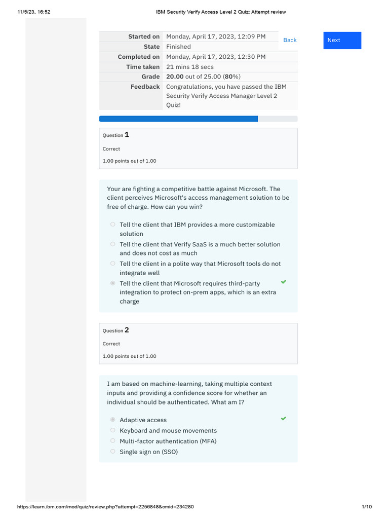 IBM Security Verify Access Level 2 Quiz Attempt Review PDF | PDF | Cloud Computing | Authentication