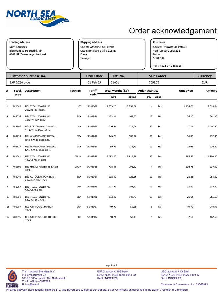 Order Acknowledgement: Currency Sales Order Cust. No. Order Date ...